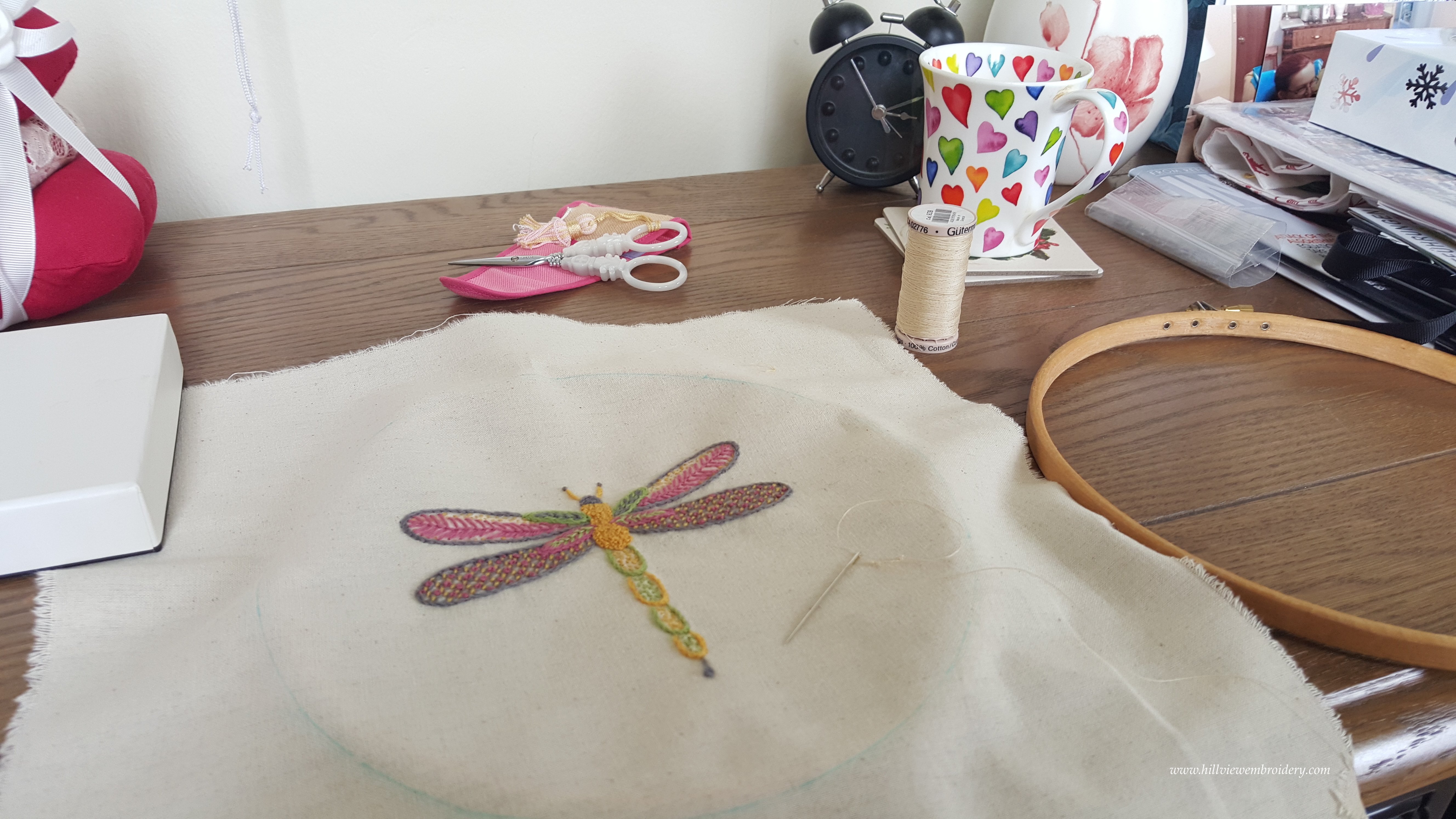 Finishing the crewel work dragonfly - Hillview Embroidery